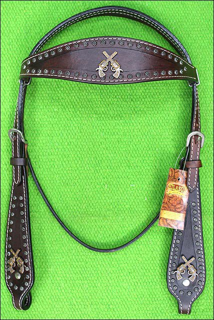 HILASON WESTERN LEATHER HORSE HEADSTALL BRIDLE DARK BROWN CROSS GUN CONCHO