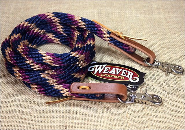 NAVY TAN 8ft WEAVER HORSE POLY ROPING REINS W/ LEATHER LACES LOOP ENDS