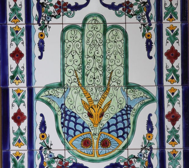 12 Tile Ceramic Wall Panel - Fatima's Hand - Green contour - Hand made