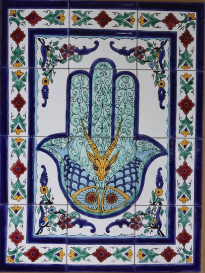 12 Tile Ceramic Wall Panel - Fatima's Hand - Blue contour - Hand made