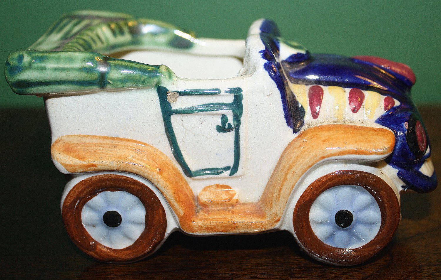 VINTAGE SMALL JALOPY POTTERY CAR COLORFUL PLANTER