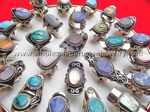 12 SEMI-PRECIOUS STONE RINGS HANDMADE PERUVIAN JEWELRY WHOLESALE ART