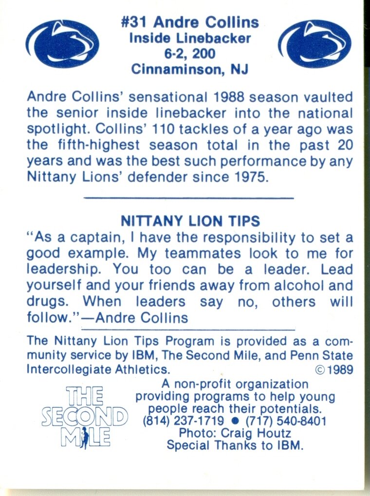 1989 Second Mile Andre Collins Signed Penn State Trading Card RARE