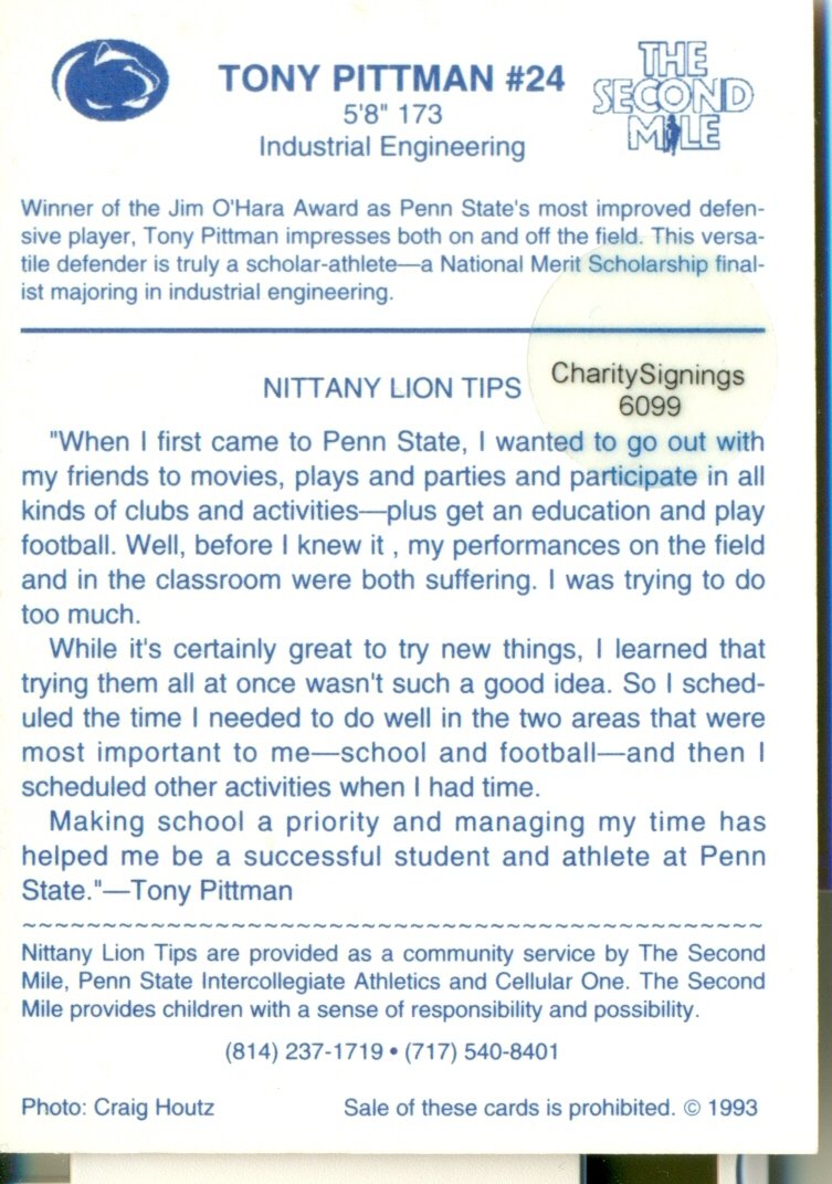 1993 Second Mile Tony Pittman Signed Autographed Penn State Trading Card