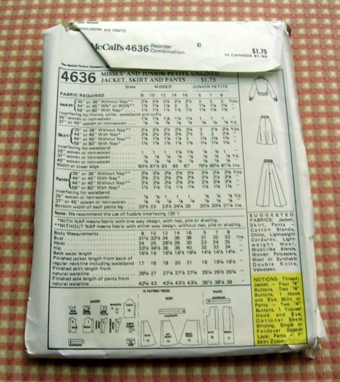 70s Military Style Jacket McCall's 4636 Sewing Pattern