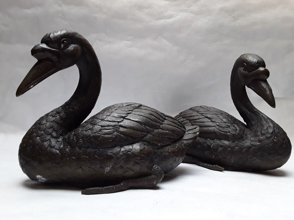Pair of Japanese Meiji Bronze Geese Okimono
