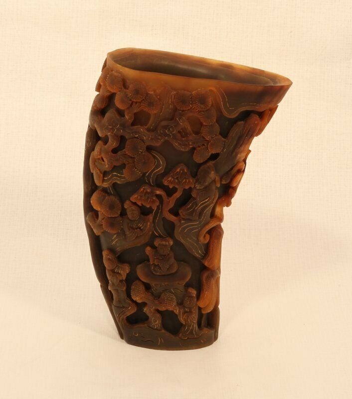 Chinese carved water buffalo horn libation cup