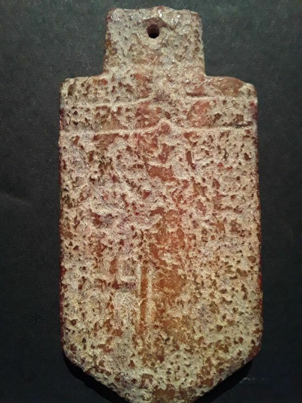 Hongshan Orange Nephrite Jade shield pendant with Characters