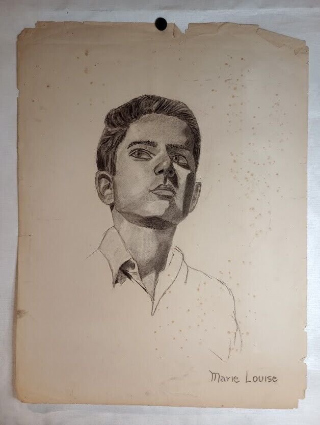 1930s Young Man charcoal drawing FOXING edge damage as is