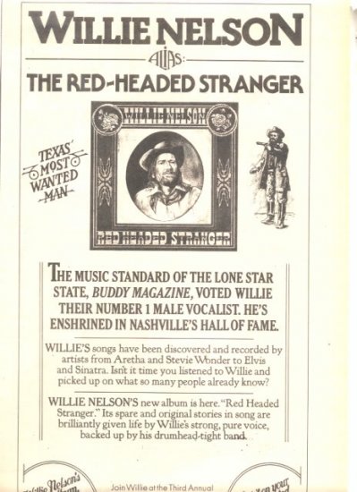 1975 WILLIE NELSON RED HEADED STRANGER PROMO AD