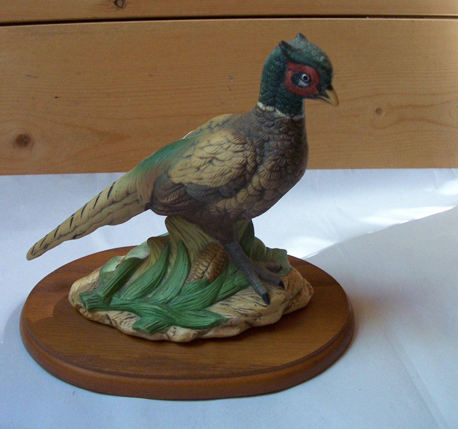 Vintage Figural Pheasant Figurine Wood Base Field Corn