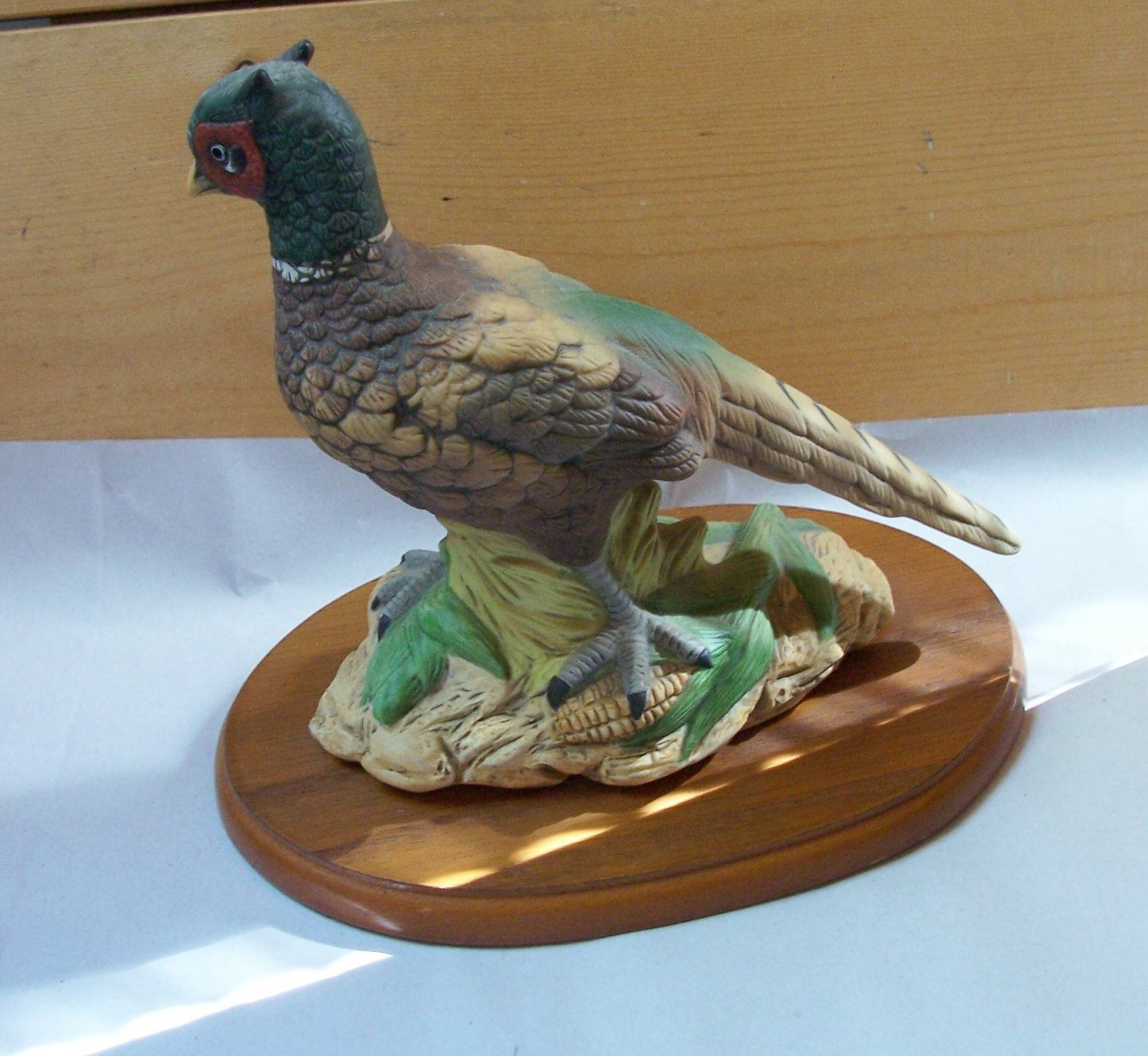 Vintage Figural Pheasant Figurine Wood Base Field Corn