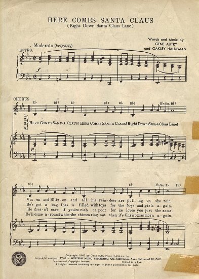 Vintage Sheet Music Here Comes Santa Claus