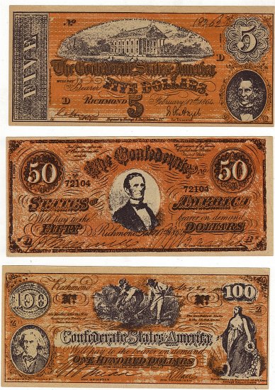 Lot of Three Vintage Facsimile Confederate Notes ($5, $50, and $100)