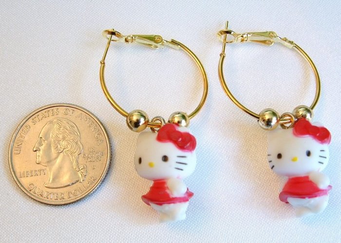 Handmade Dark Rose Dress HELLO KITTY Gold Tone Hoop Earrings