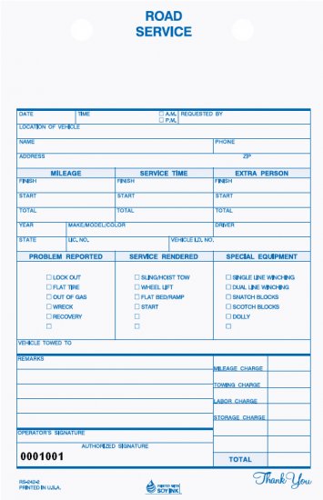 RS-242: Road Service Form, Carbonless 2pt QTY. 500