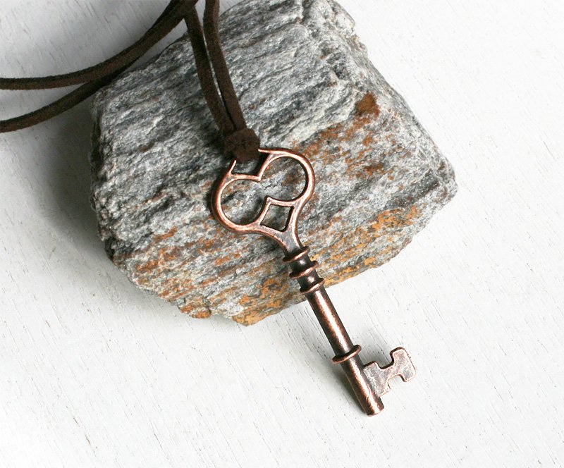 Antique Copper Key Necklace with Suede Cord (13 colors to choose)