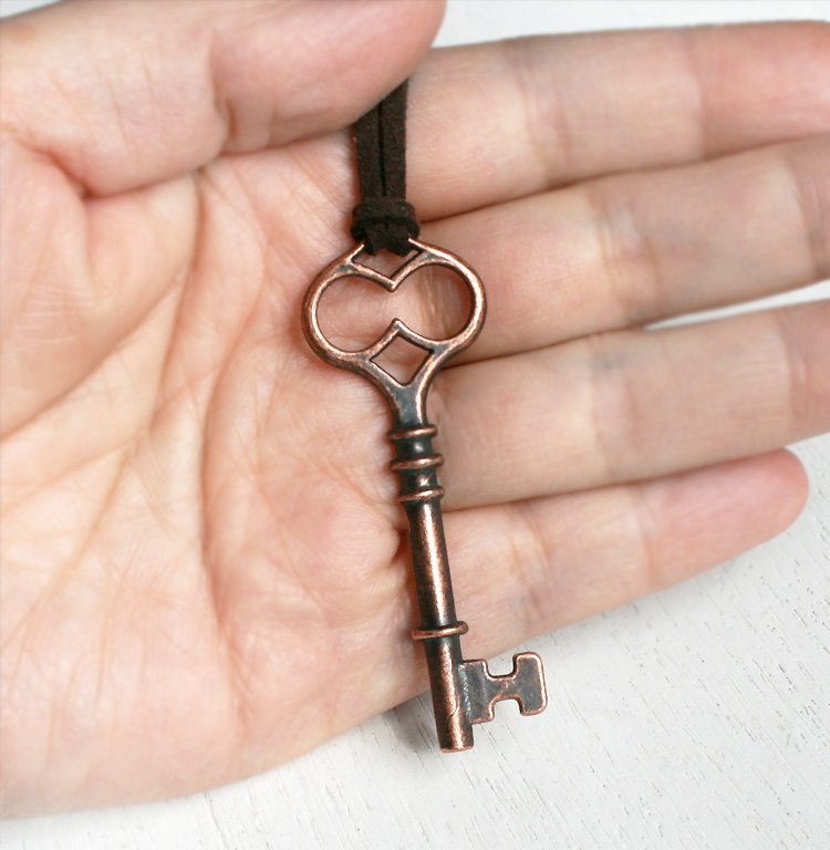 Antique Copper Key Necklace with Suede Cord (13 colors to choose)