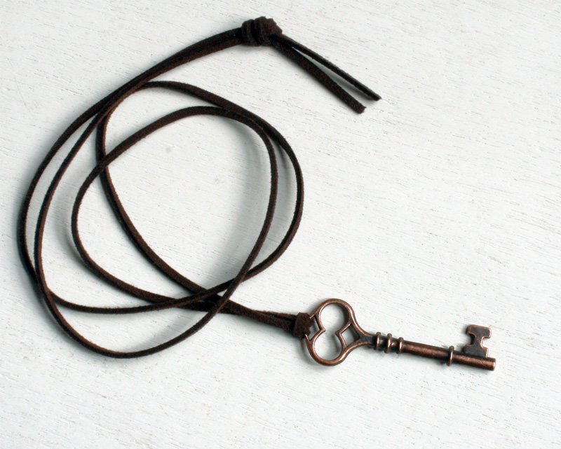 Antique Copper Key Necklace with Suede Cord (13 colors to choose)
