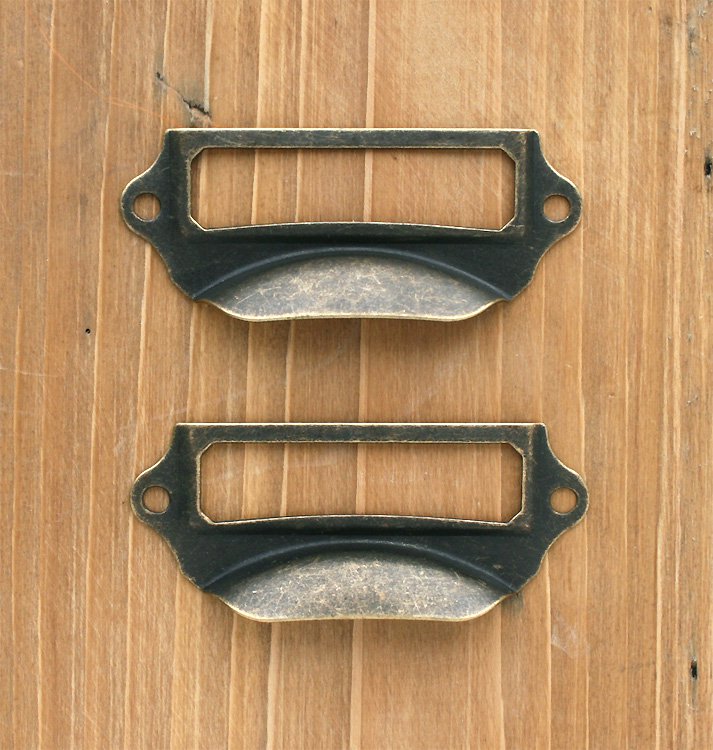 Category label holder/drawer pulls (narrow style, Antique Brass) set of 2