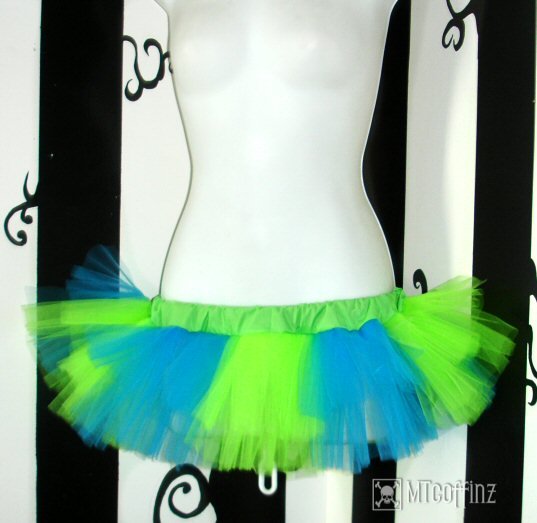 DIY Neon Green Blue Striped 80's Adult TuTu Tulle Skirt large