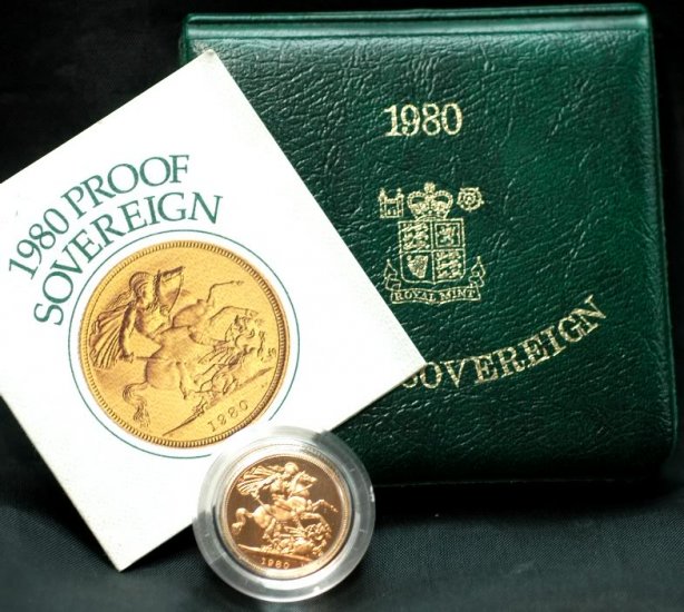 1980 British Gold Sovereign Proof Coin with COA & Leatherette