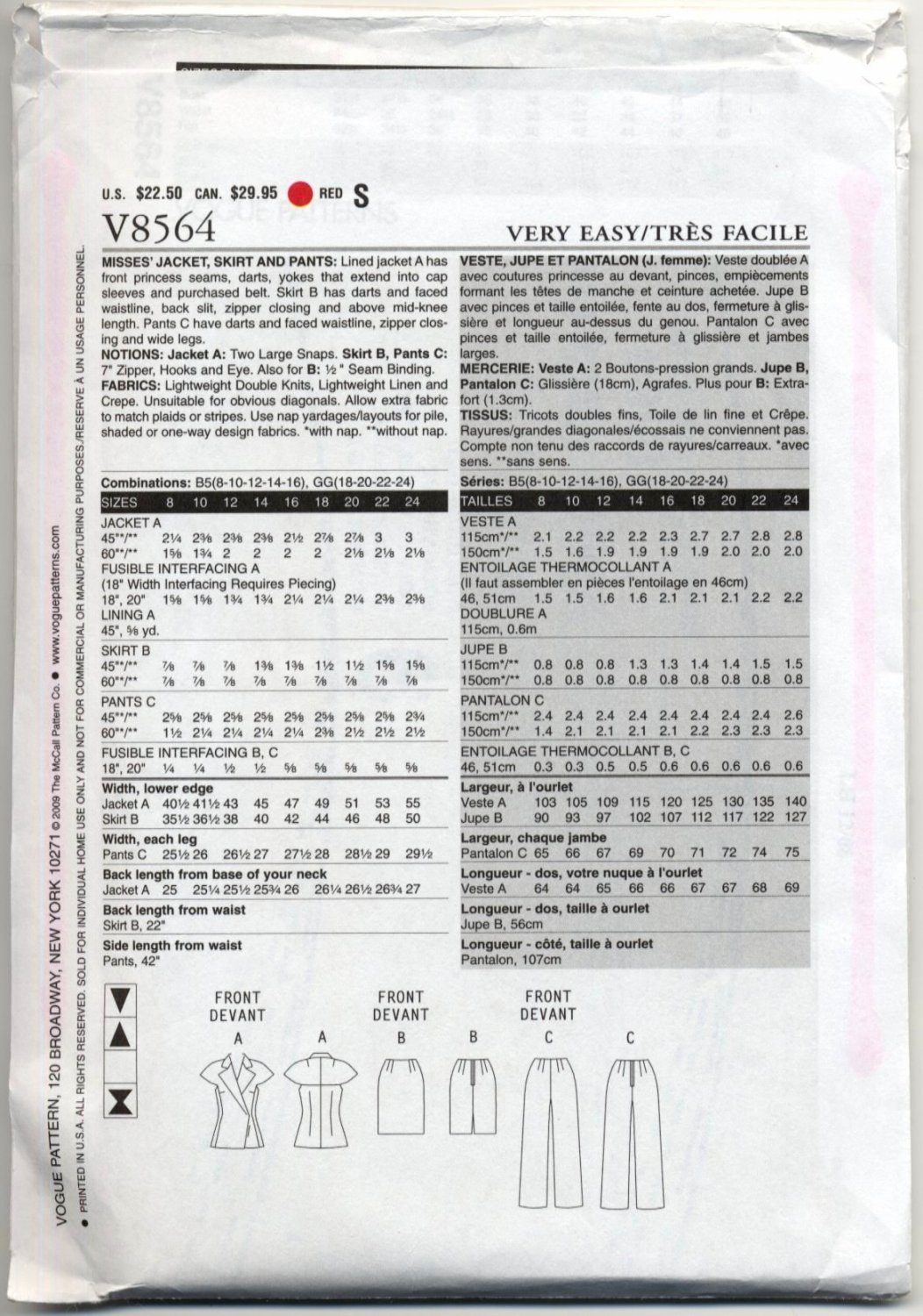 Vogue 8564 Jacket Skirt Pants Very Easy Sewing Pattern Misses' 18 20 22 ...