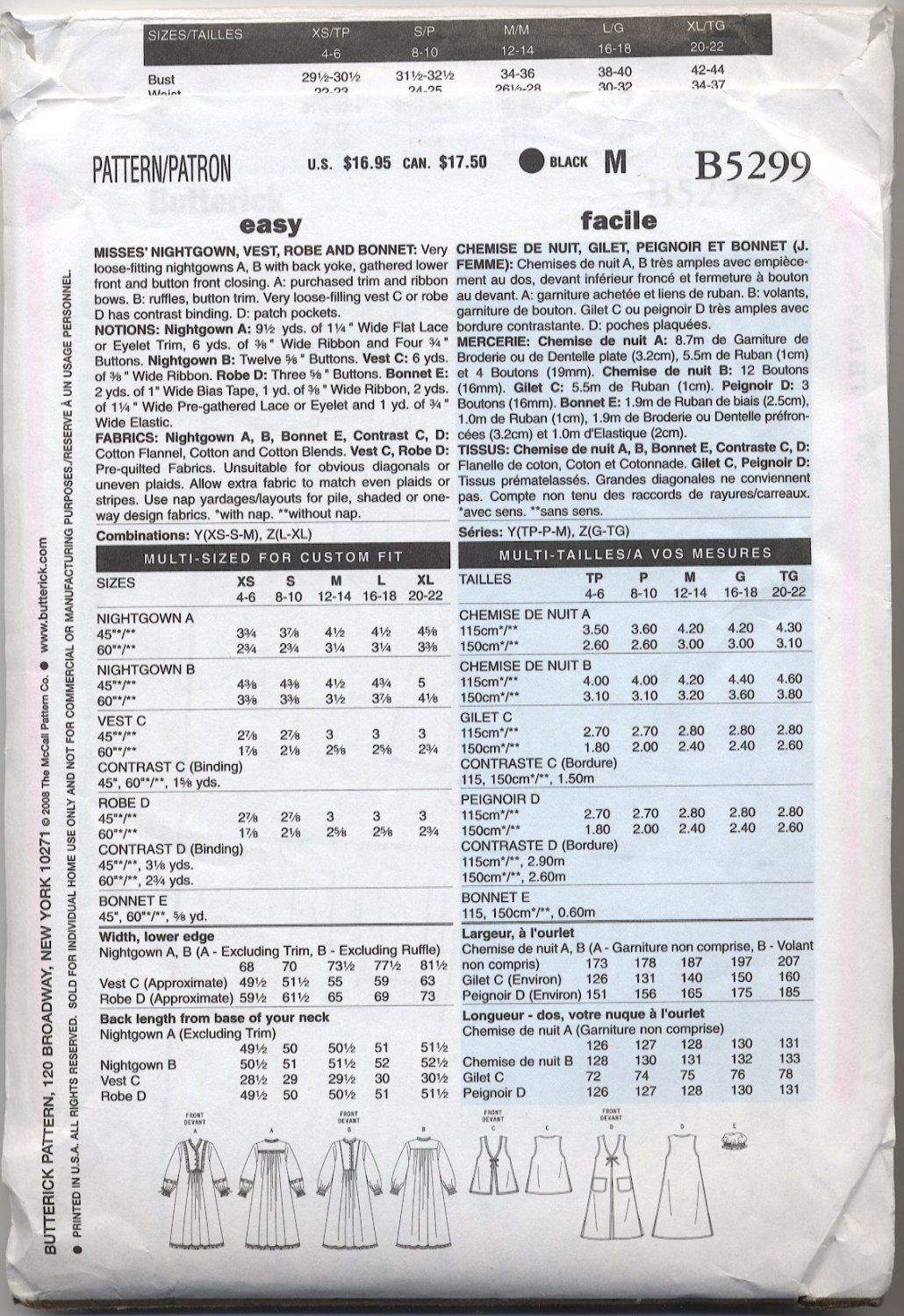 Butterick 5299 Nightgown Vest Robe & Bonnet Sewing Pattern - Misses' 16 18 20 22 - Rachel Wallis