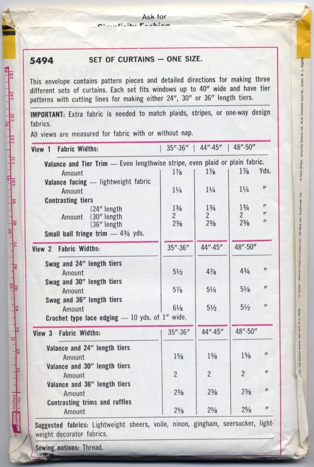 Simplicity 5494 - Set of Curtains - Decorator Sewing Pattern - One Size ...