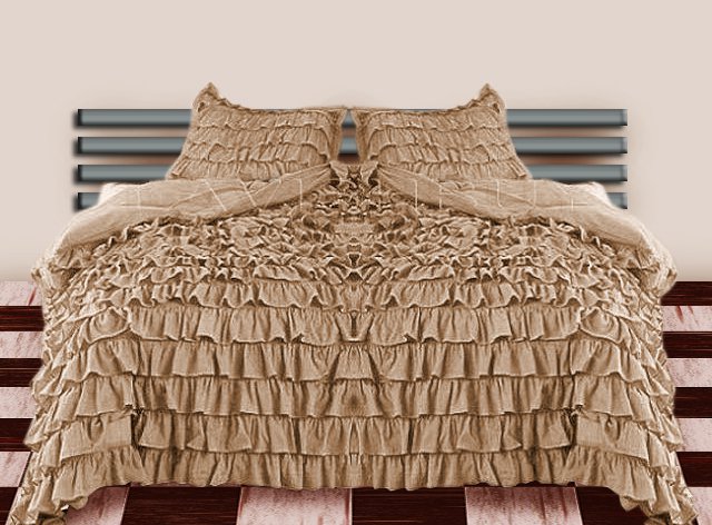 1000tc Waterfall Solid Ruffled Taupe 3pcs Duvet Cover Set Full Queen