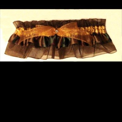 Gold Camo on Brown Wedding Bridal Ruffle Satin Sheer Garters