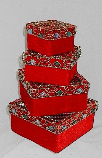 Crushed Velvet Stackable Gift Box Set Jewel Encrusted Scroll Metal Lids