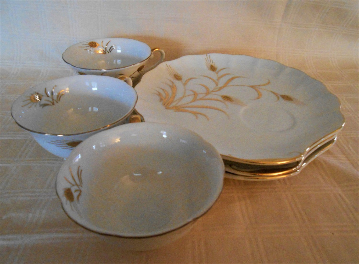 Set of 3 Lefton China Plate & Cup Hand Painted Wheat Pattern 2768 Gold Trim