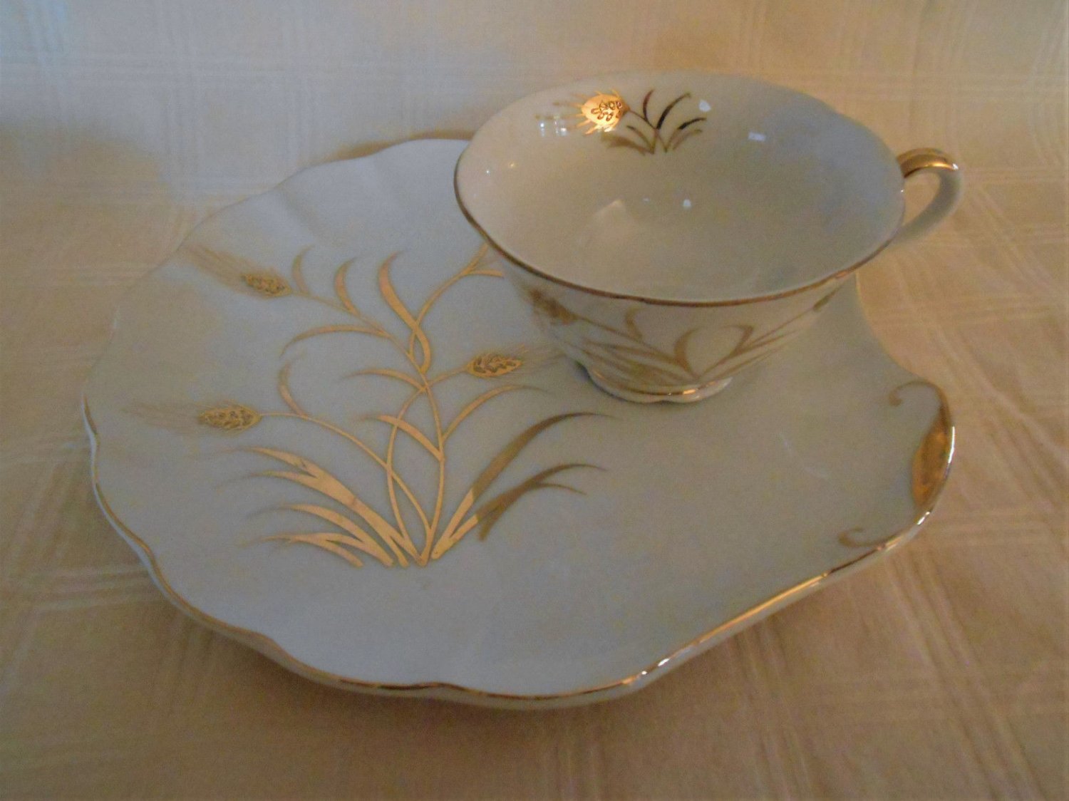 Set of 3 Lefton China Plate & Cup Hand Painted Wheat Pattern 2768 Gold Trim