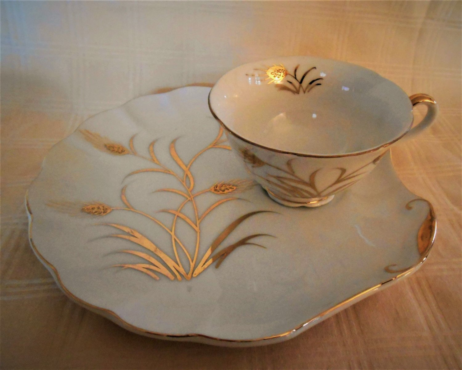 Set of 3 Lefton China Plate & Cup Hand Painted Wheat Pattern 2768 Gold Trim