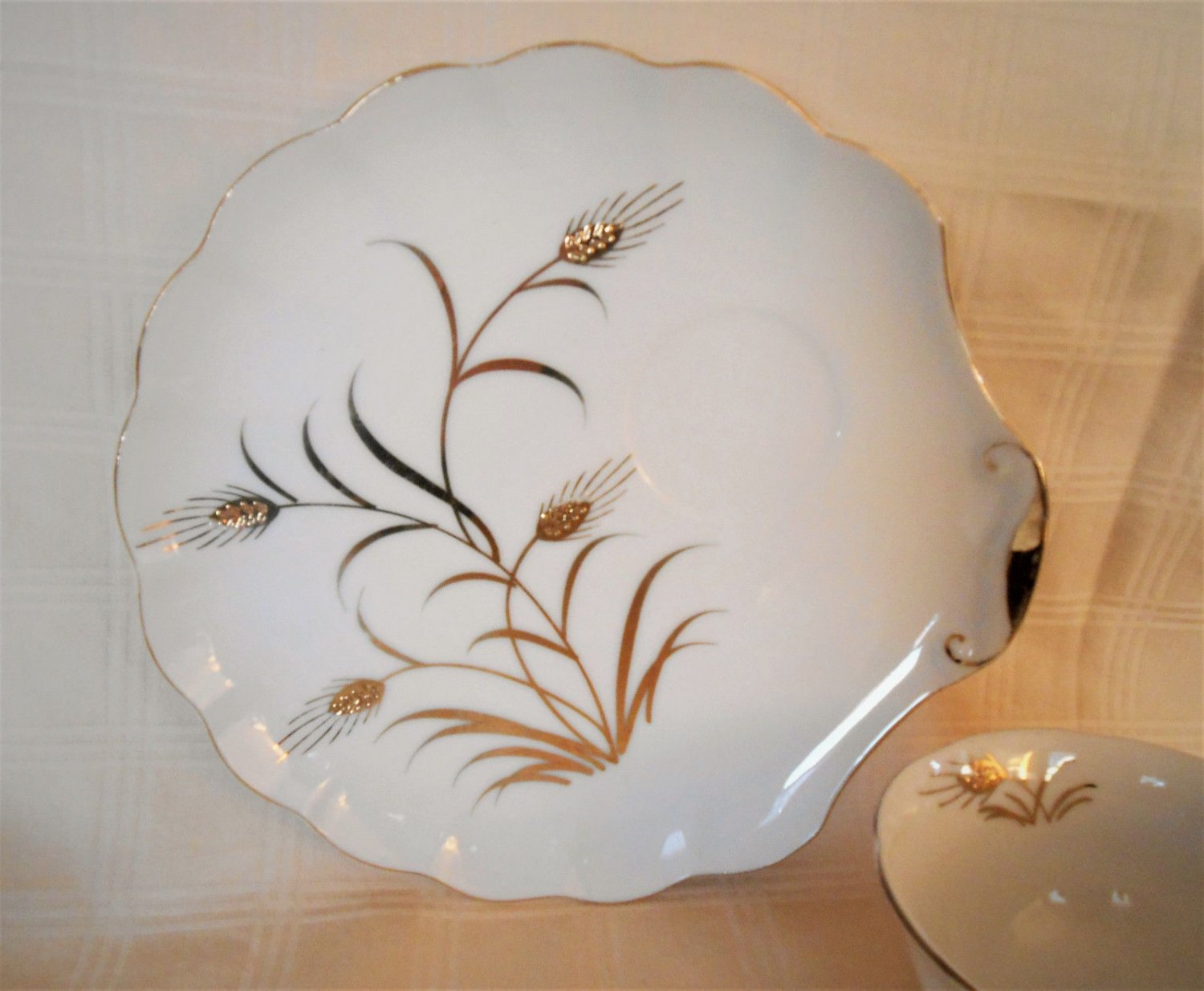 Set of 3 Lefton China Plate & Cup Hand Painted Wheat Pattern 2768 Gold Trim