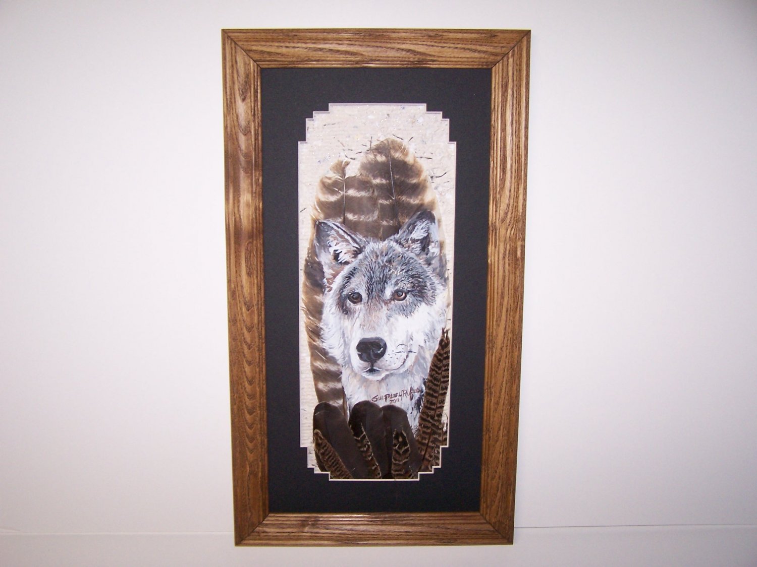 Grey Wild Wolf Hand painted on Turkey Wing Feathers Signed
