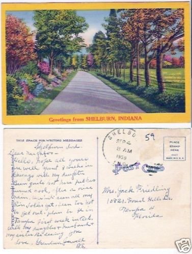 Greetings from Shelburn Indiana Postcard Linen