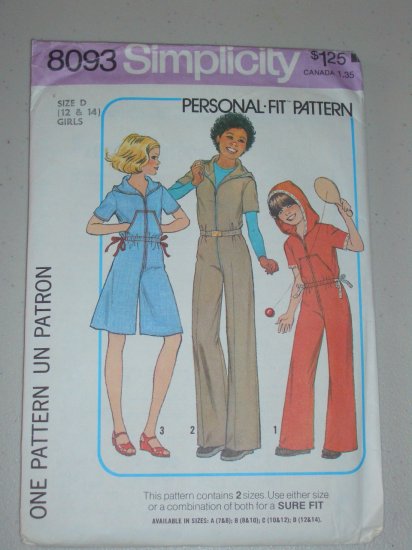 Simplicity Sewing Pattern 8093 Girls' Jumpsuit Sz 12-14 Uncut Vintage ...