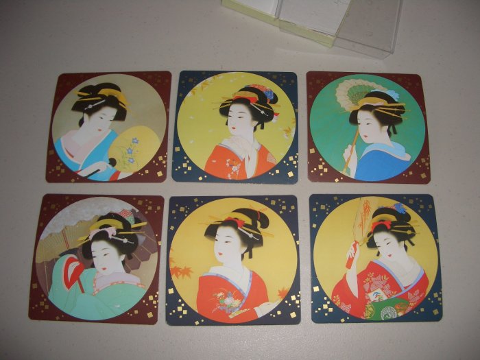 Japanese Geisha Shikishi Paperboard Coasters Set of 6 Vintage ...