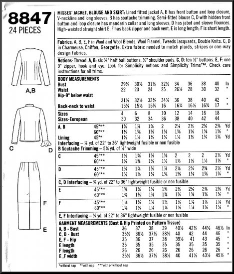 Elegant Skirt Suit and Blouse Size 4-10 Uncut Simplicity 8847 Cascading ...