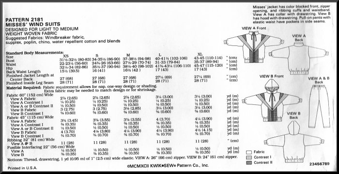 Retro 90s Wind Suits Women's Sportswear All Sizes Uncut Kwik Sew 2181 ...