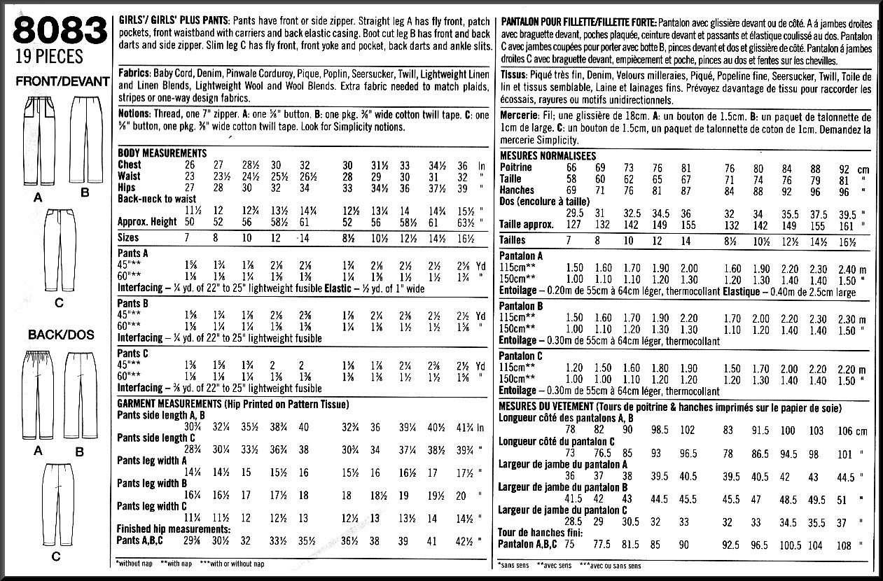 Simplicity Sewing Pattern 8083 Sz 7-14 Girls' Fly Front Trousers Pants ...