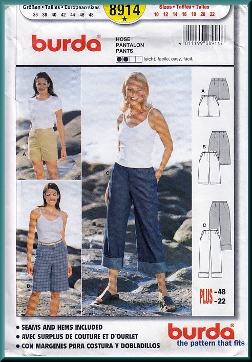 Burda Sewing Pattern 8914 Sz 10-22 Misses' Wide Leg Cropped Pants Knee ...