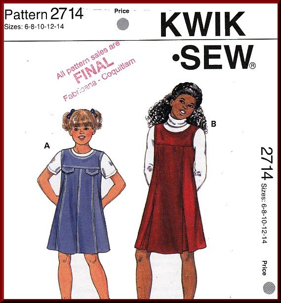 Kwik Sew Sewing Pattern 2714 Sz 6-14 Girls' A-line Jumpers Box Pleats ...