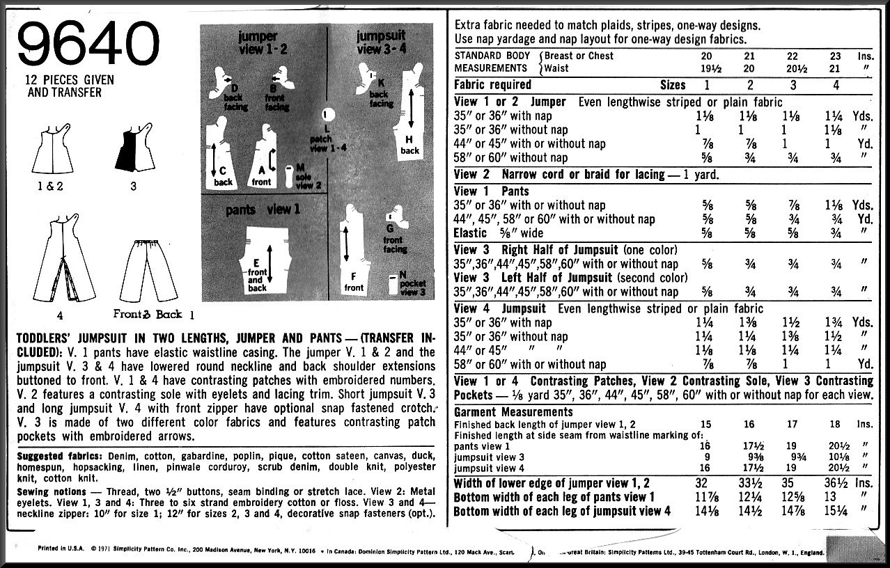Vintage Simplicity Sewing Pattern 9640 Sz 4 Toddlers' Boys' Girls ...