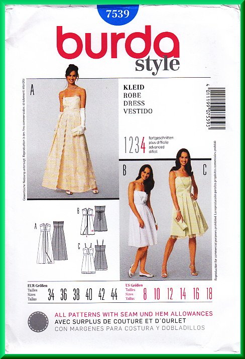 Burda 7539 Sewing Pattern Sz 8-18 Misses' Evening Dress Formal Prom ...