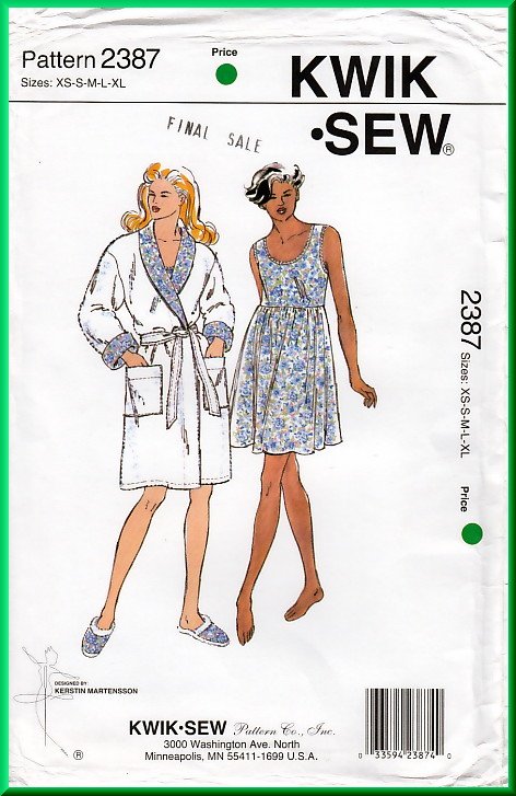 Kwik Sew 2387 Sewing Pattern Sz XS-XL Misses' Sleepwear Nightgown Robe ...