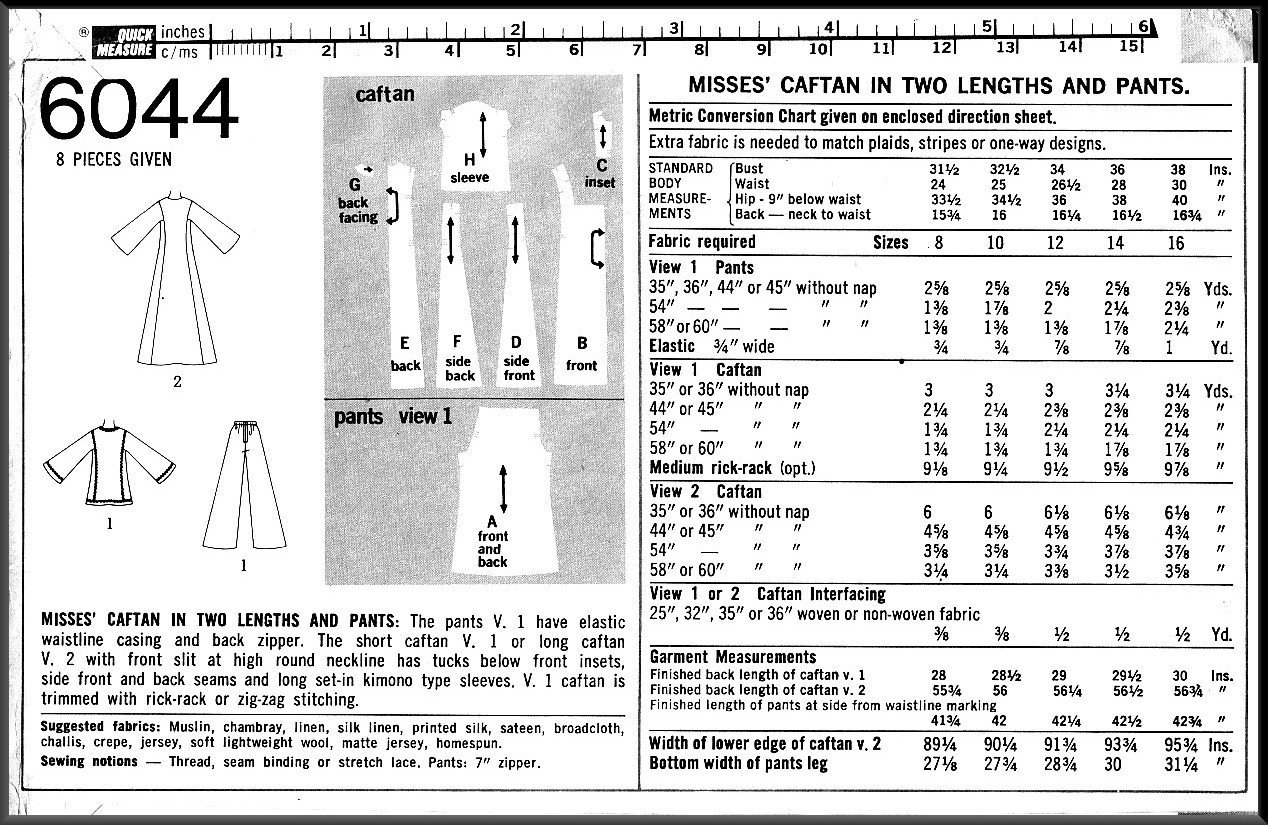 Simplicity 6044 Vintage Sewing Pattern Sz 8 Misses Caftan Pants Set Top ...