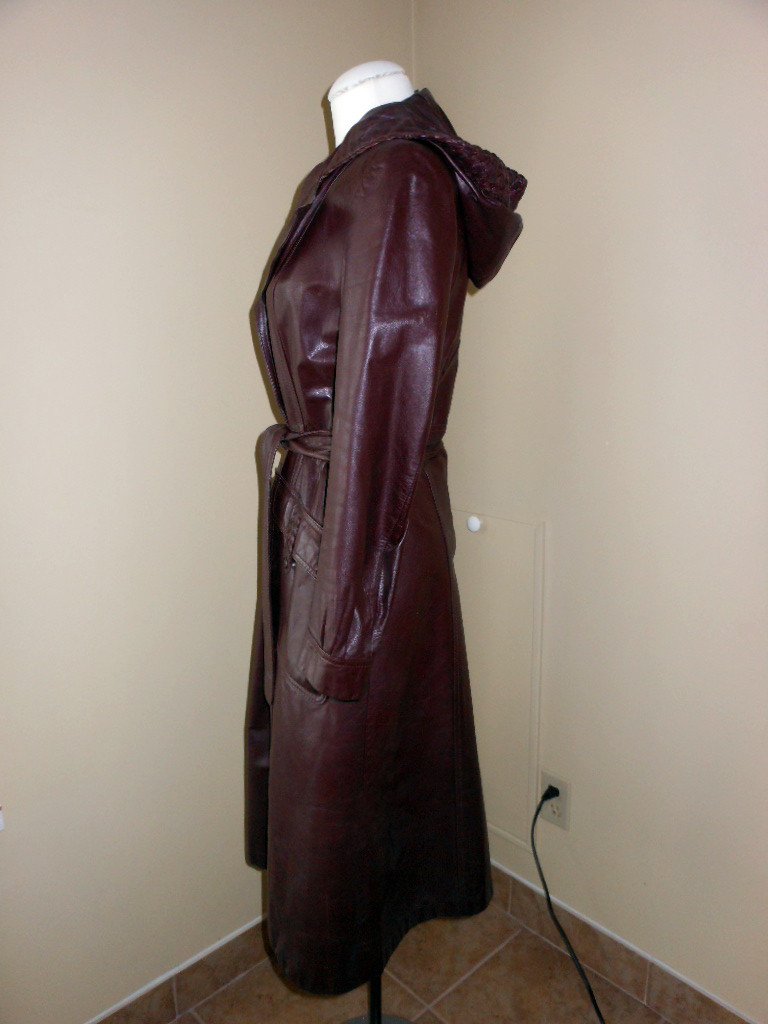 Vintage 70s Brown Leather Trench Calf Length Long Hip Spy Coat Hood ...